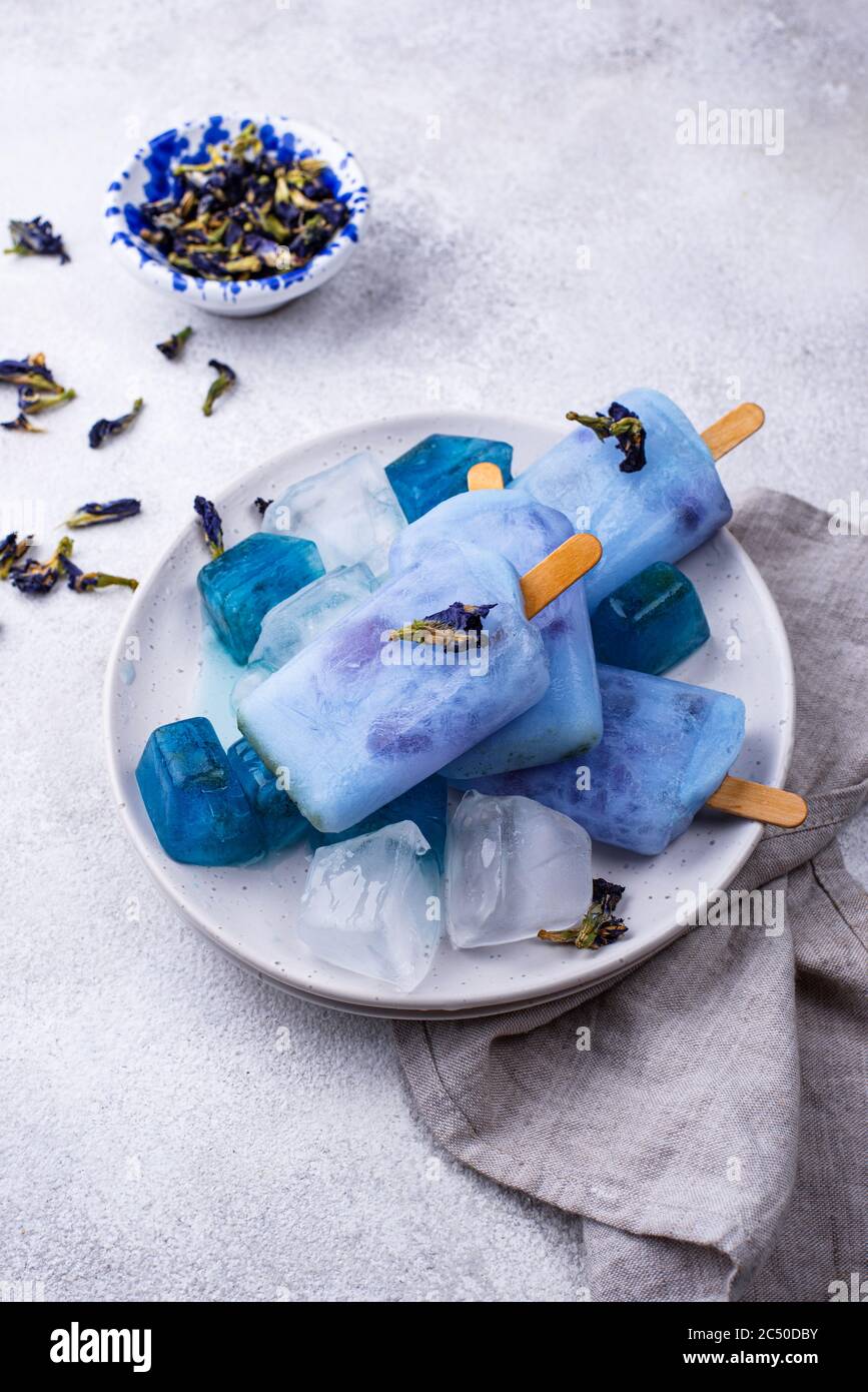Blue ice cream popsicle from Butterfly pea Stock Photo - Alamy