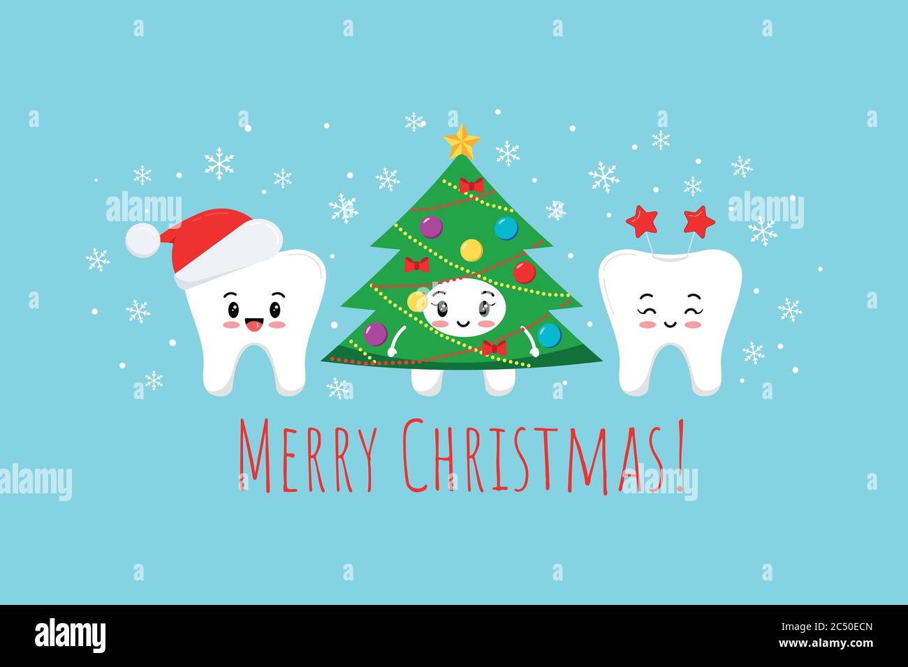 Cute smile teeth with christmas tree costume on dentist greeting card ...
