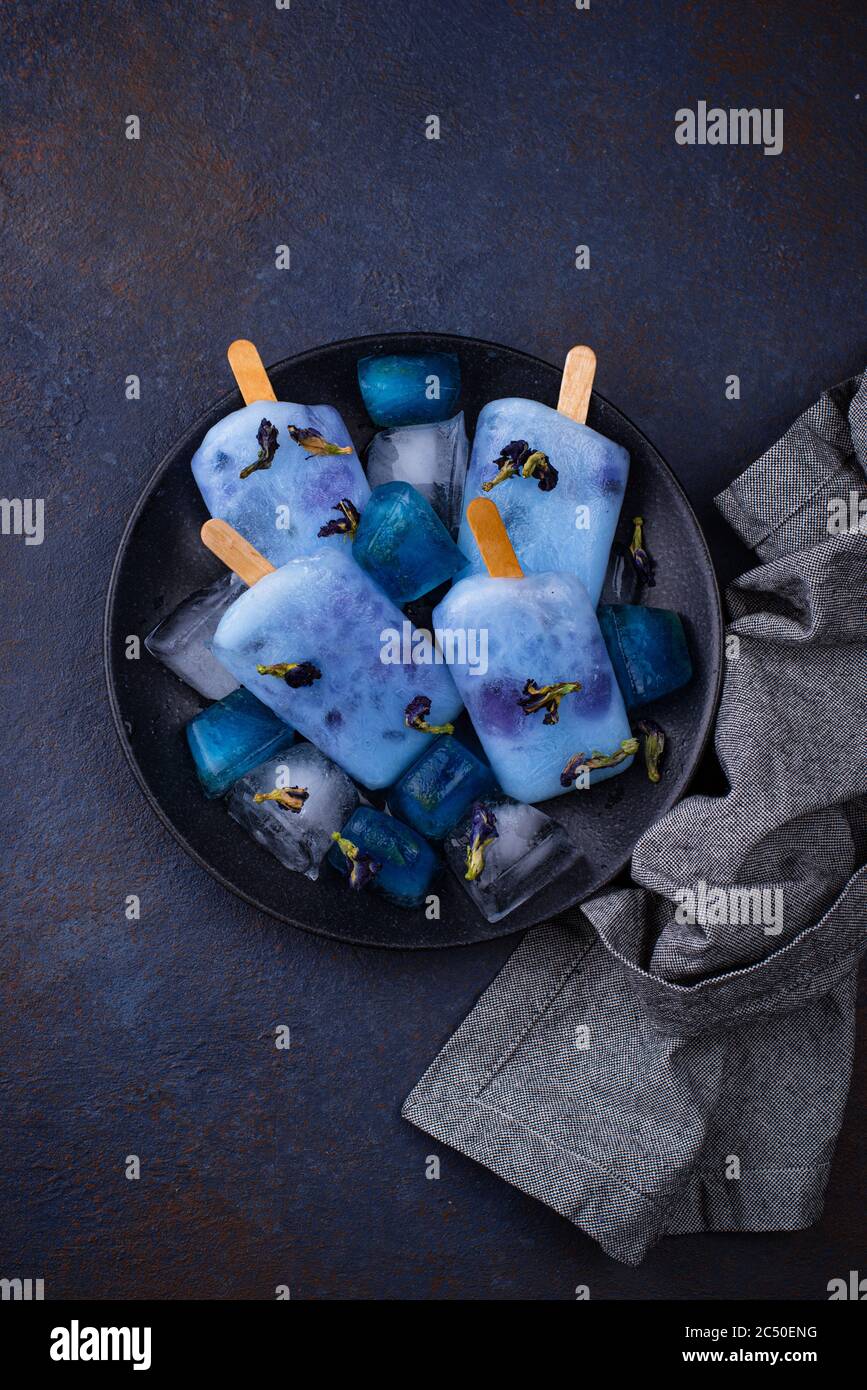 Blue ice cream popsicle from Butterfly pea Stock Photo - Alamy