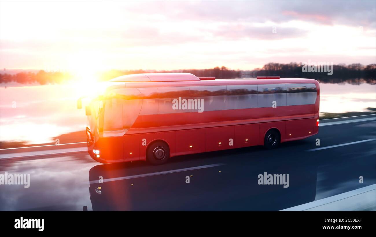 tourist red bus on the road, highway. Very fast driving. Touristic and ...