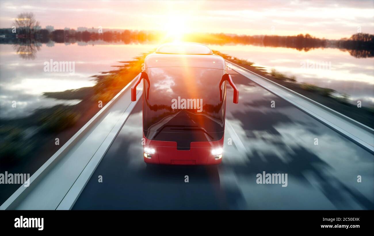 tourist red bus on the road, highway. Very fast driving. Touristic and ...