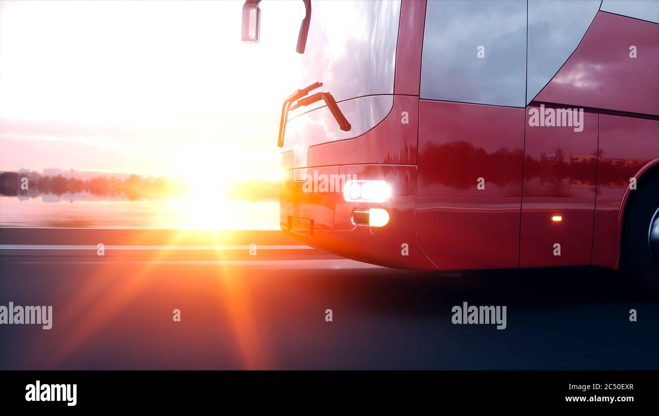 tourist red bus on the road, highway. Very fast driving. Touristic and ...