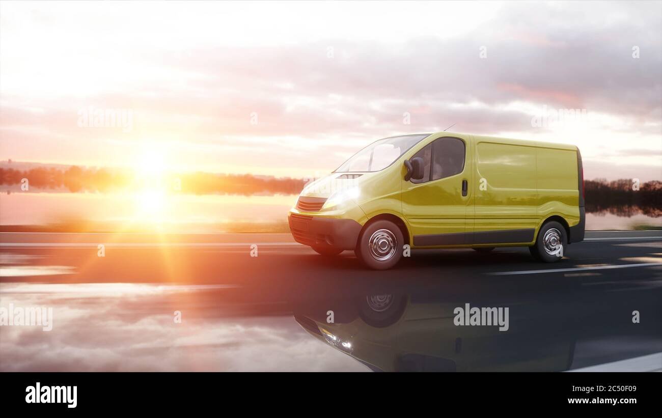Yellow delivery van on highway. Very fast driving. Transport and ...