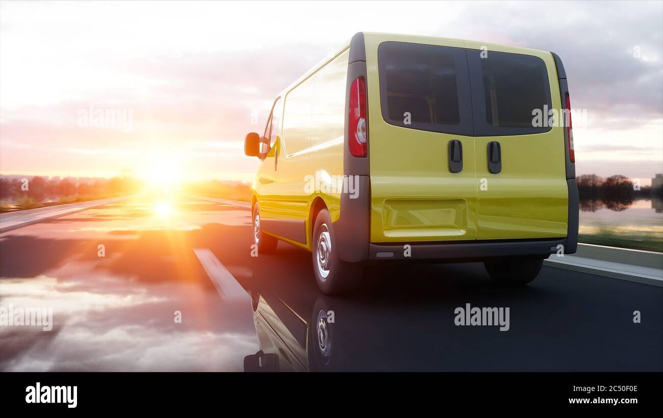 Yellow delivery van on highway. Very fast driving. Transport and ...