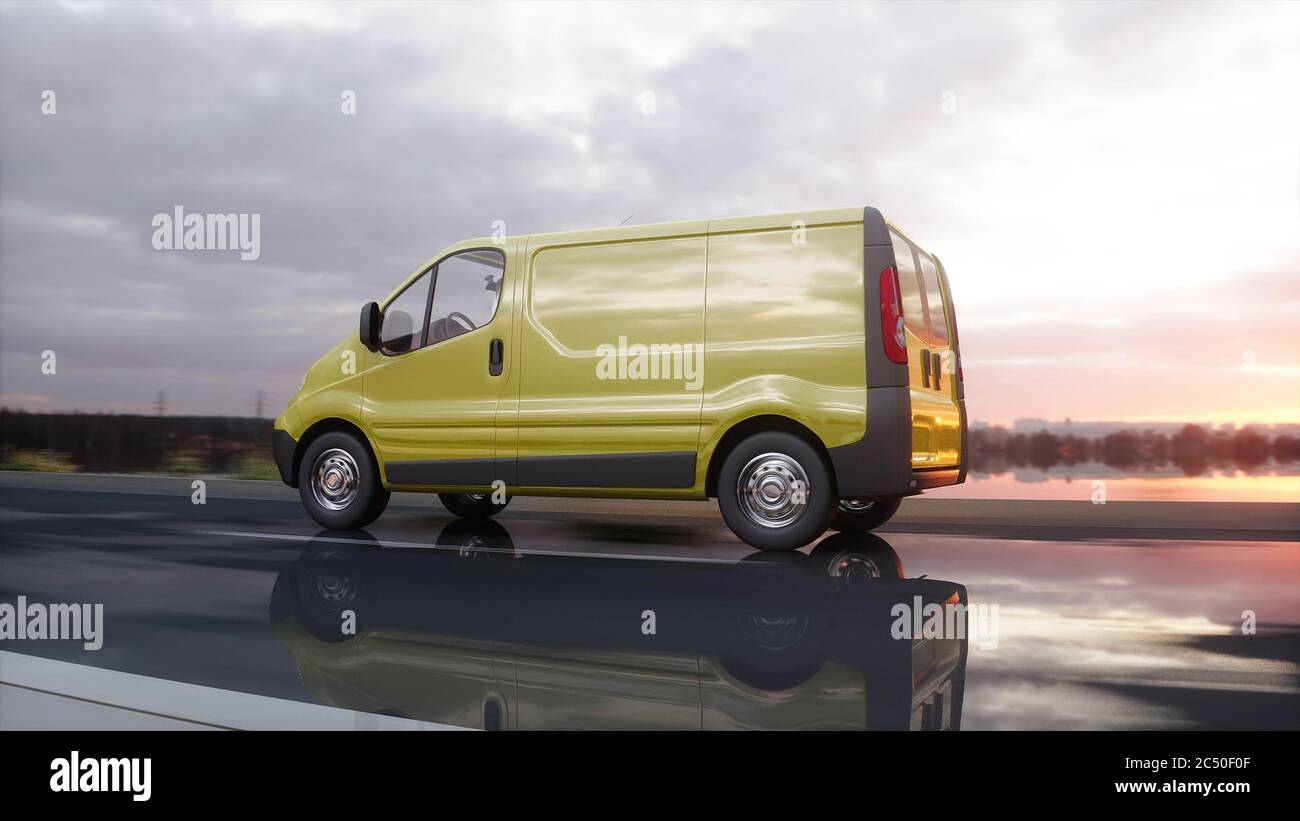 Yellow delivery van on highway. Very fast driving. Transport and ...