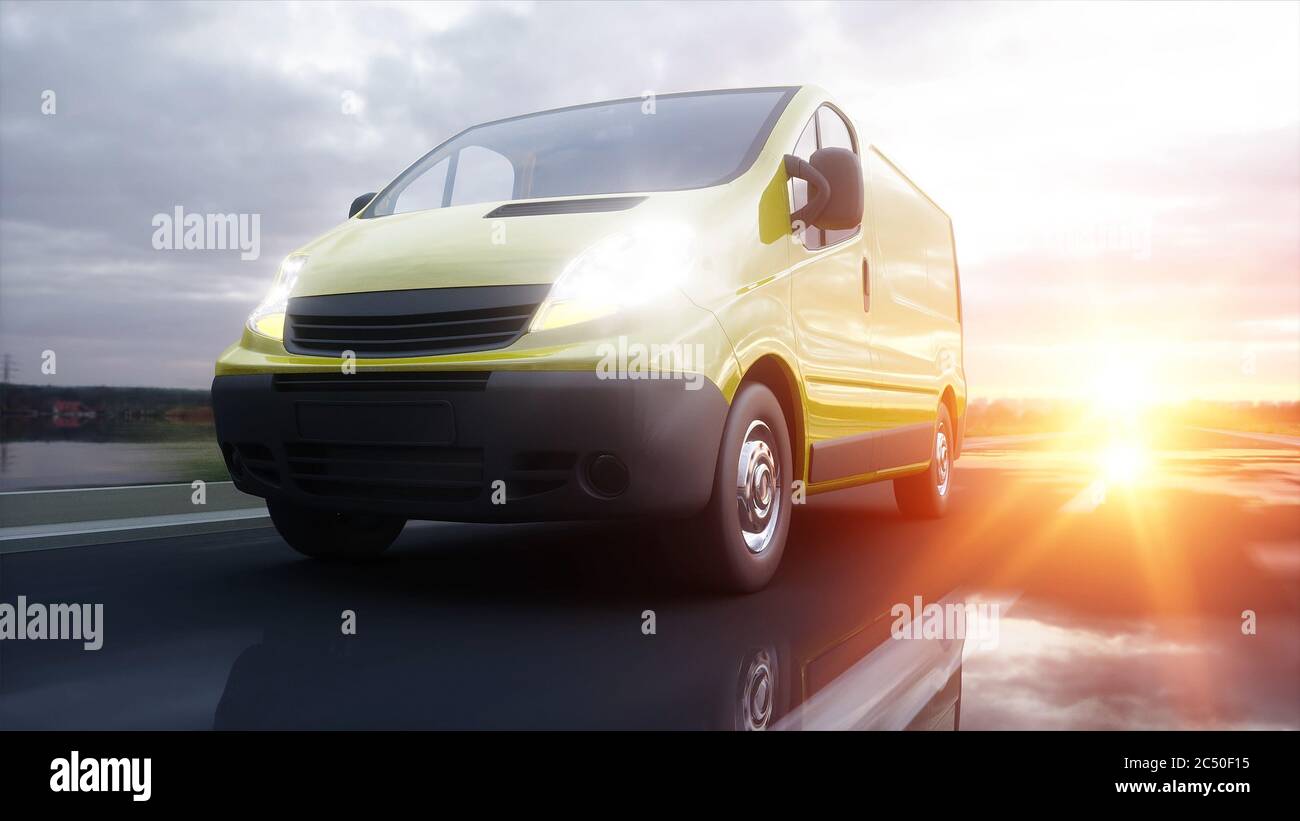 Yellow delivery van on highway. Very fast driving. Transport and ...