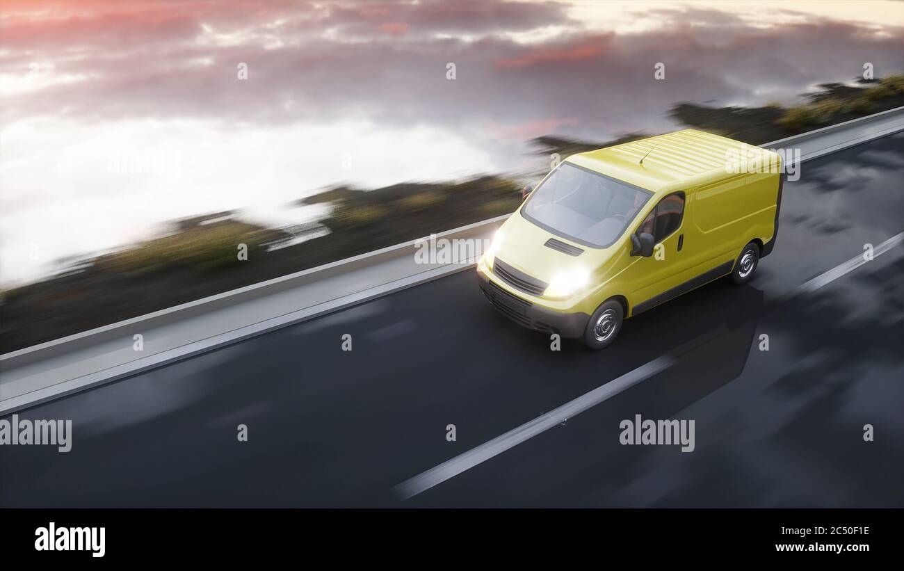 Yellow delivery van on highway. Very fast driving. Transport and ...