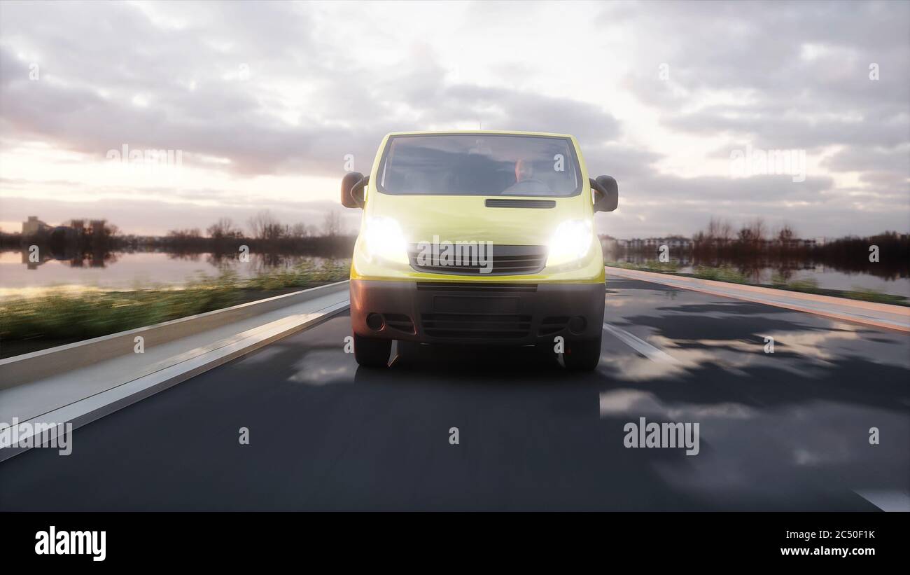 Yellow delivery van on highway. Very fast driving. Transport and ...