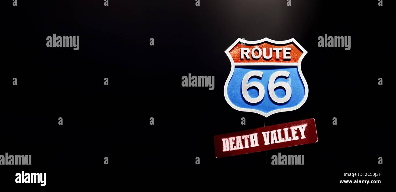 Historic Route 66 Road Sign. Road sign on a black background banner ...