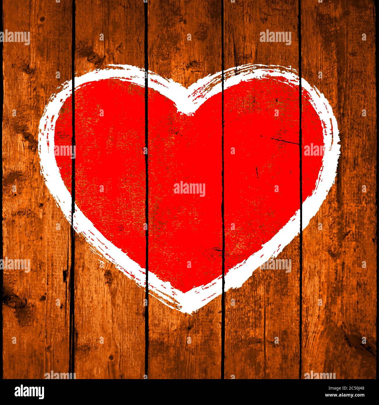 Red heart with white contour. Hand-drawn shape on a brown wooden board ...