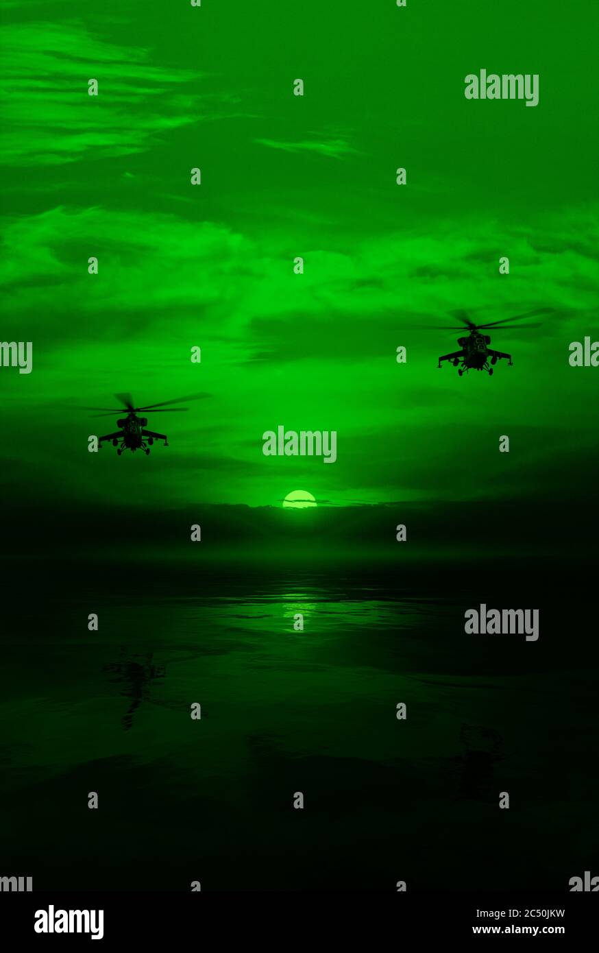 Combat helicopter against the moonlit sky, the view through a night ...
