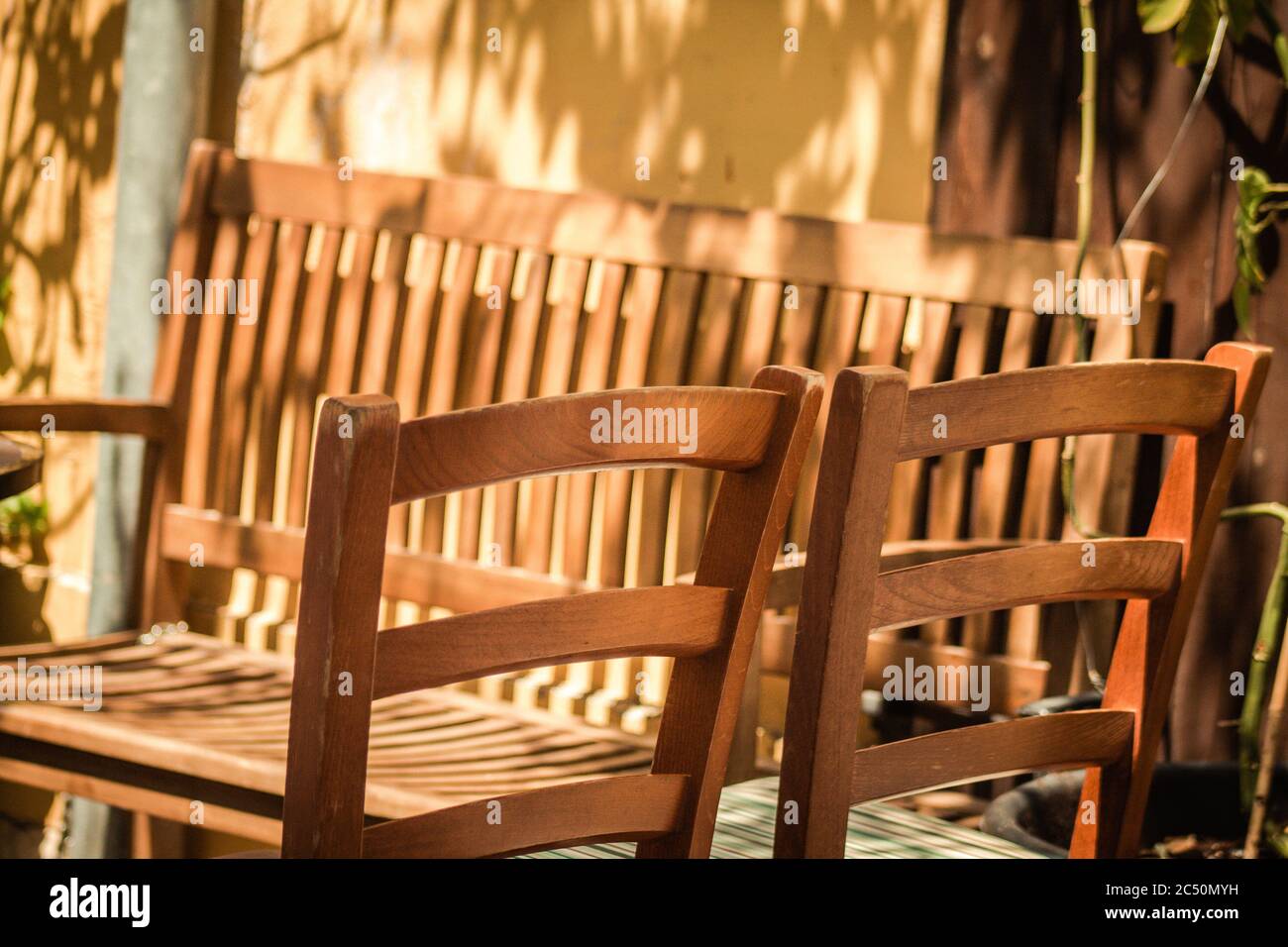 Closeup of chairs from a restaurant located in the old city of Limassol ...