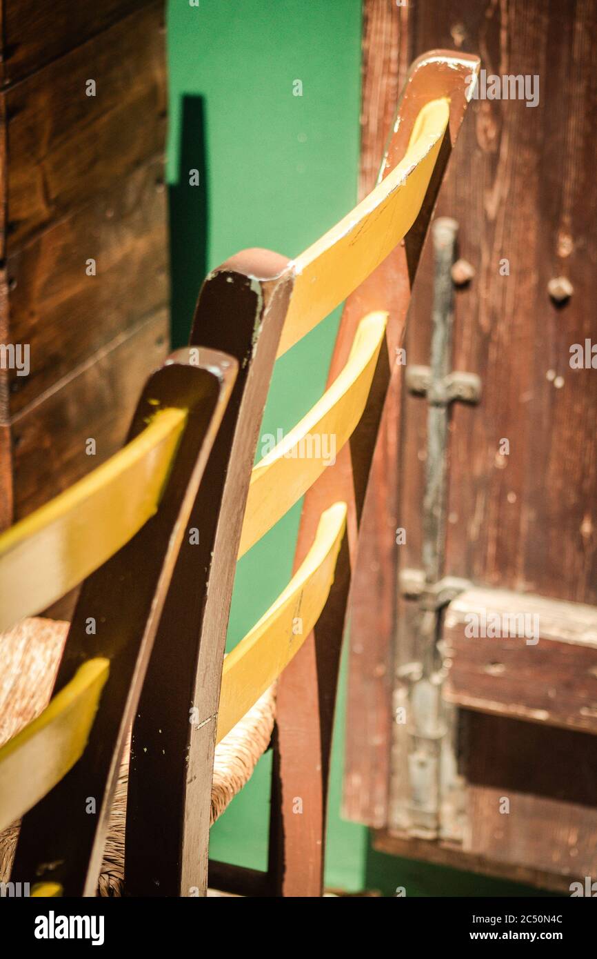 Closeup of chairs from a restaurant located in the old city of Limassol ...