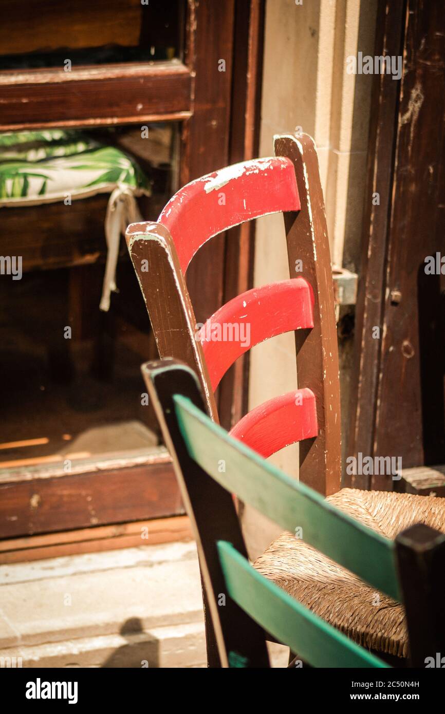 Closeup of chairs from a restaurant located in the old city of Limassol ...