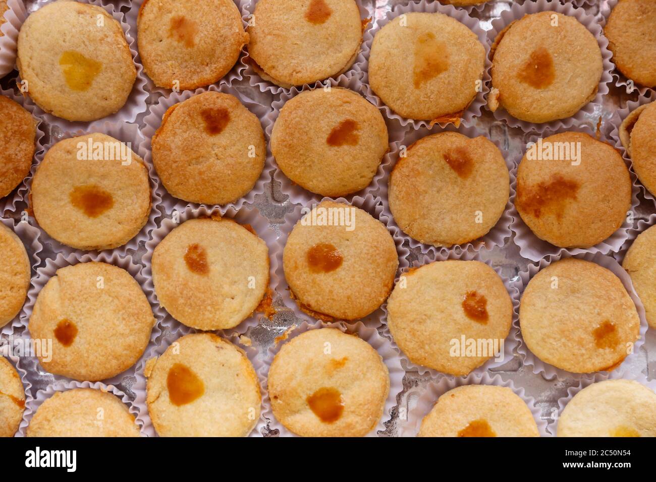 Empada Brazilian snack. several delicious pie with chicken lined up ...