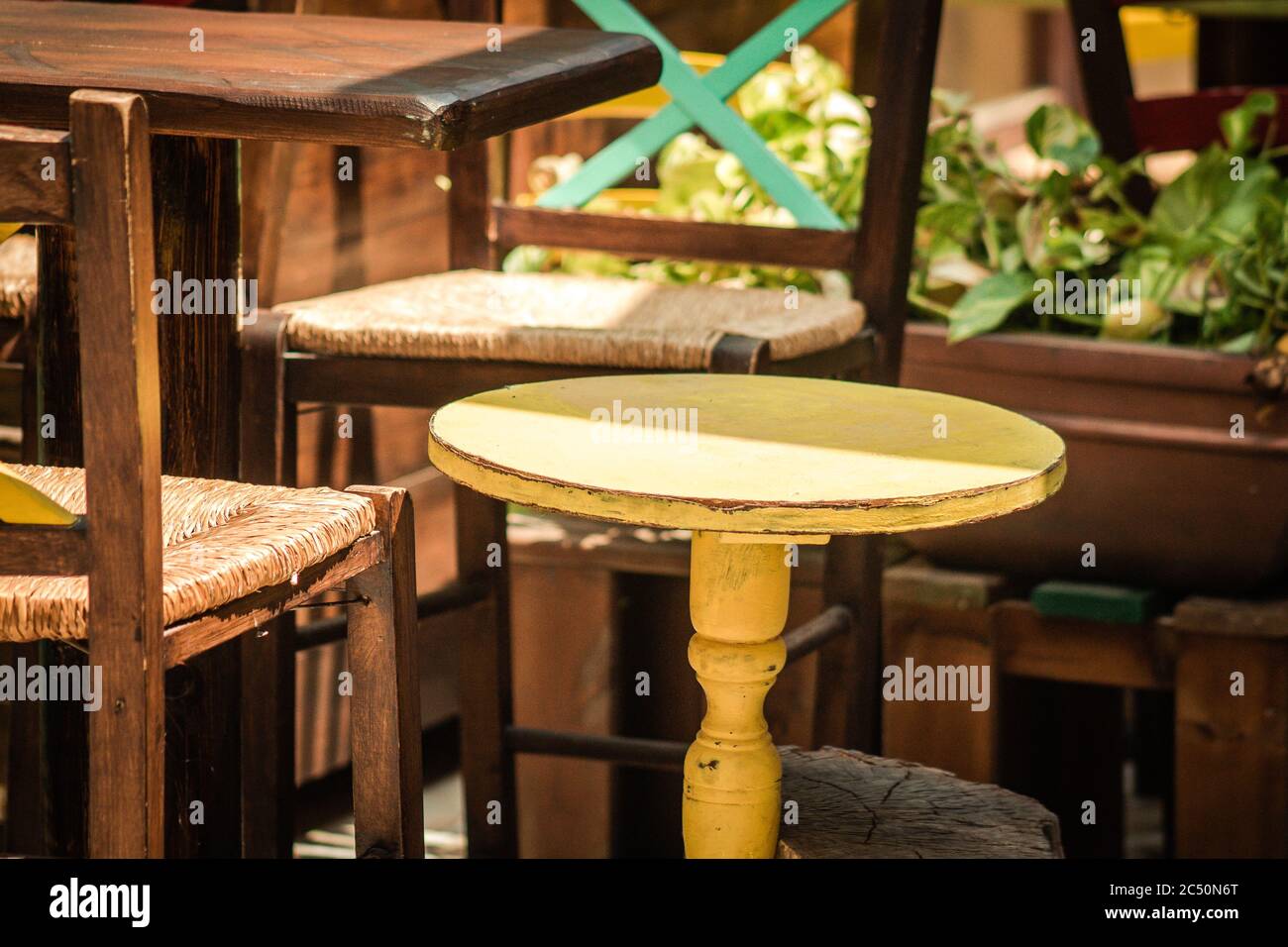 Closeup of chairs and table from a restaurant located in the old city ...