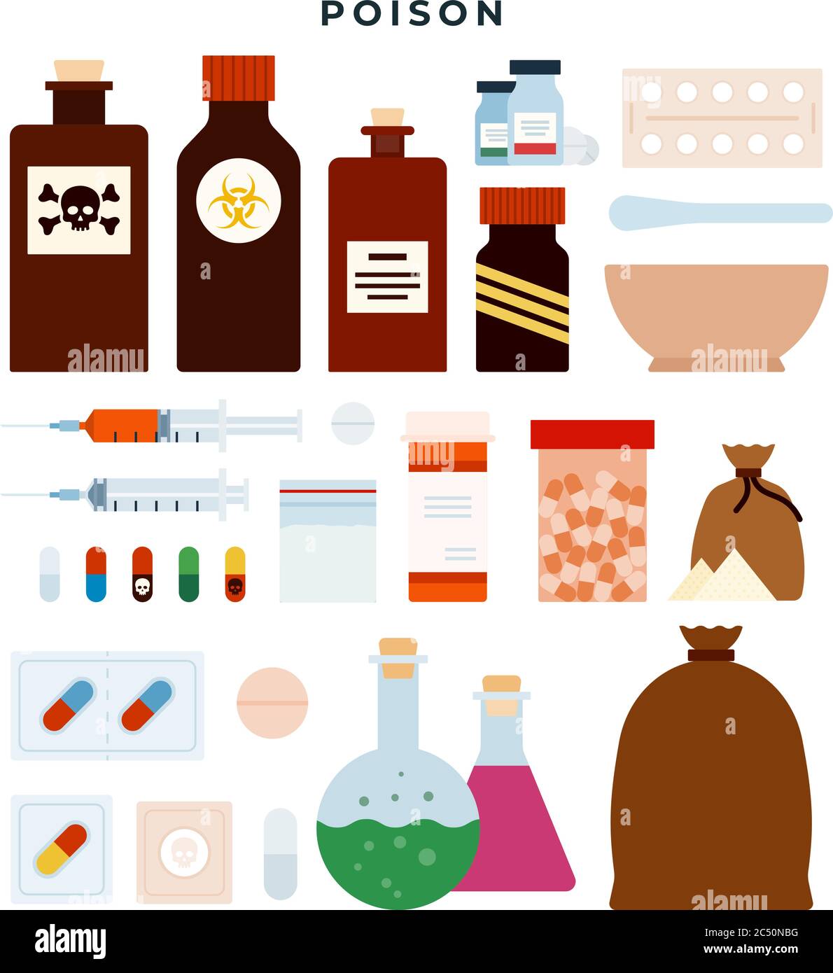 Poison, toxic substances, meds, liquids, tablets, capsules, powders in ...