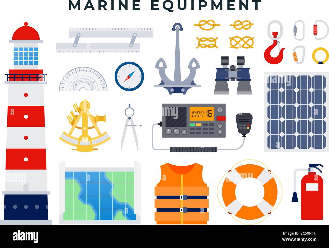 Vector set of nautical and marine icons in flat style, isolated on ...