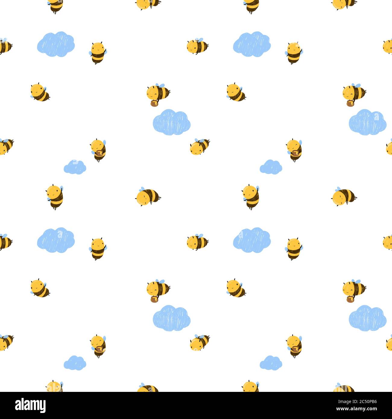 Cute small honey Bee with clouds seamless minimalistic pattern Stock ...