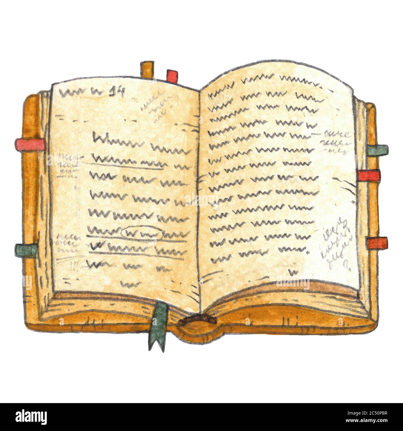 Watercolor vintage, antique opened book with notes, remarks and ...