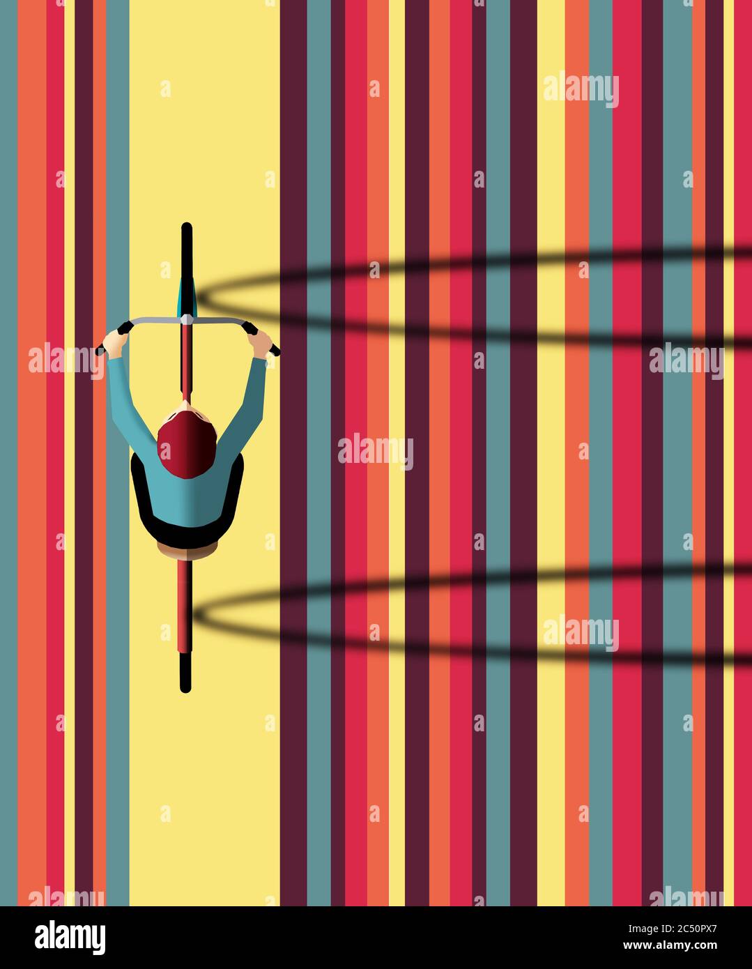 A bicycle rider seen from above is riding in a very colorful bake lane ...