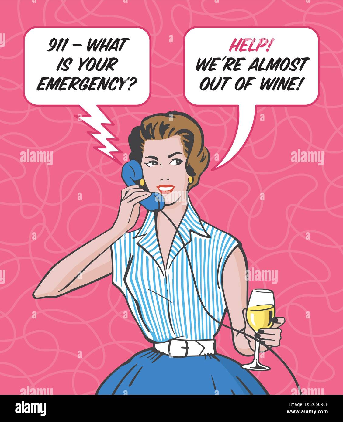 Retro vintage mid-century woman calling 911 on phone to say she is ...