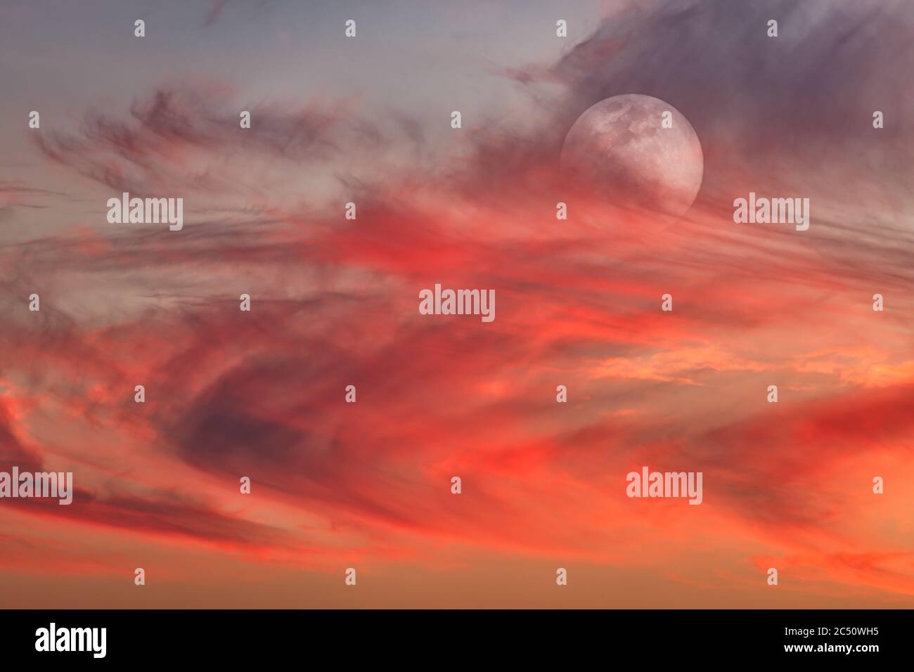 The moon Rises in the Sky Surrounded by a Red Cloud Sunset Sky Stock ...