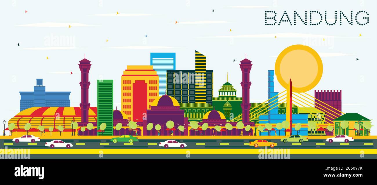 Bandung Indonesia City Skyline with Color Buildings and Blue Sky ...