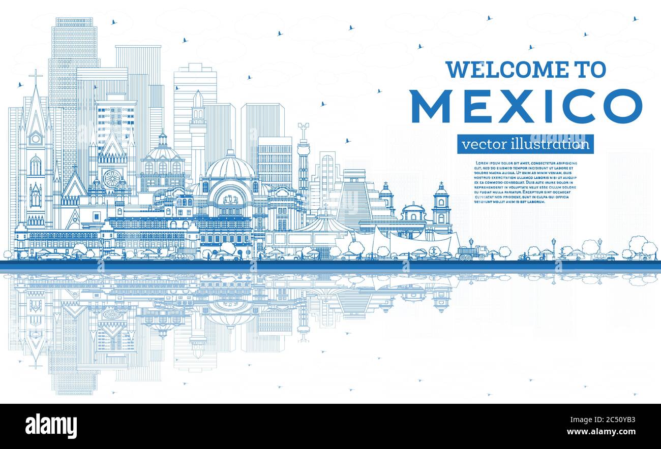 Outline Welcome to Mexico City Skyline with Blue Buildings and ...