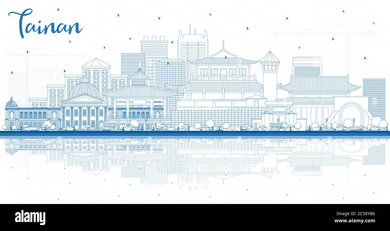 Outline Tainan Taiwan City Skyline with Blue Buildings and Reflections ...