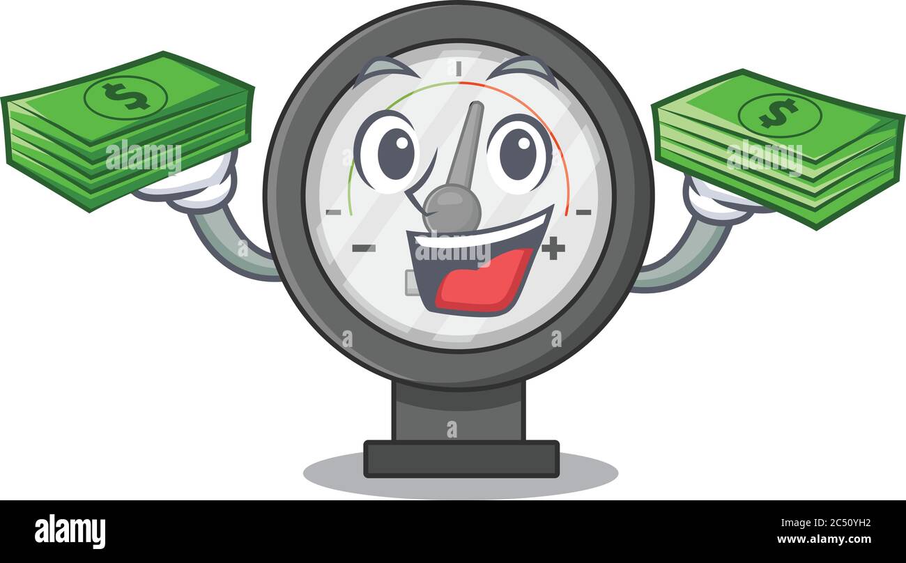 A wealthy pressure gauge cartoon character having much money on hands ...