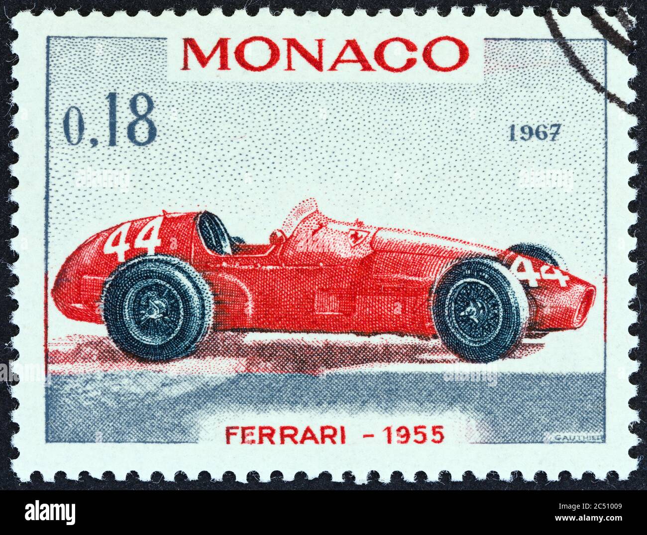 MONACO - CIRCA 1967: A stamp printed in Monaco shows Ferrari Grand Prix ...