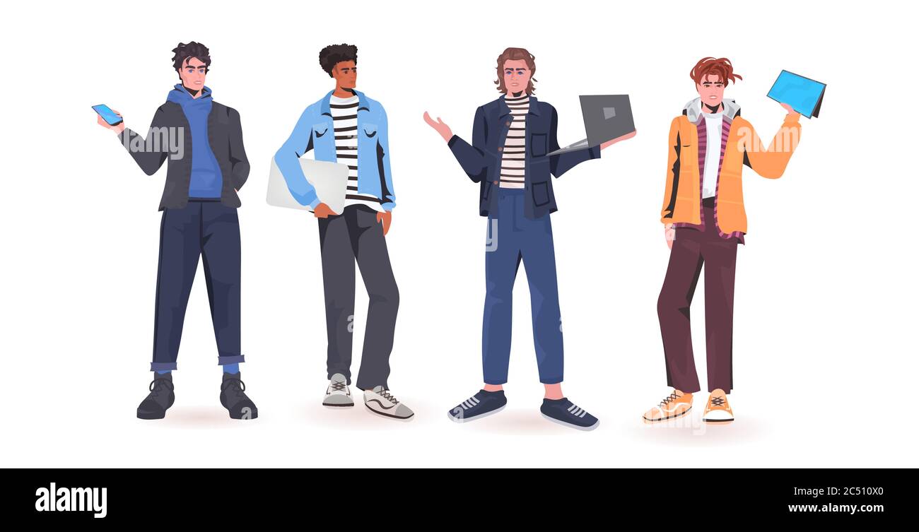 set men holding digital devices mix race guys in trendy clothes male ...