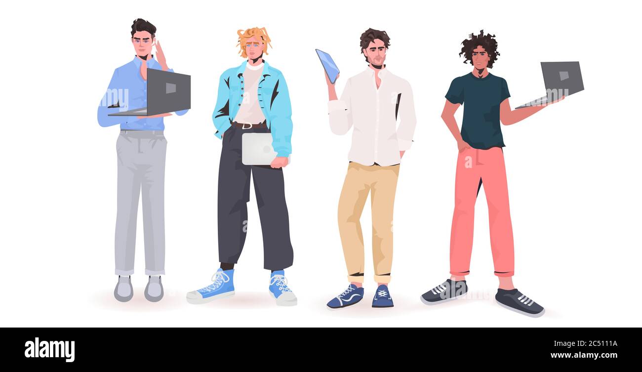 set men holding digital devices mix race guys in trendy clothes male ...