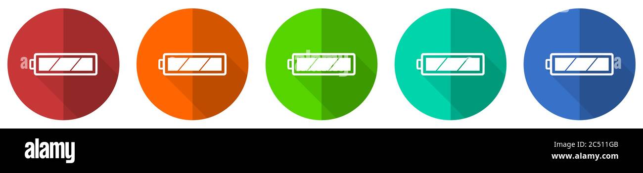 Battery icon set, red, blue, green and orange flat design web buttons ...