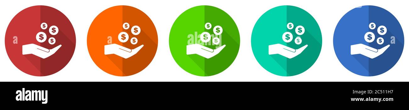 Money, cash icon set, red, blue, green and orange flat design web ...