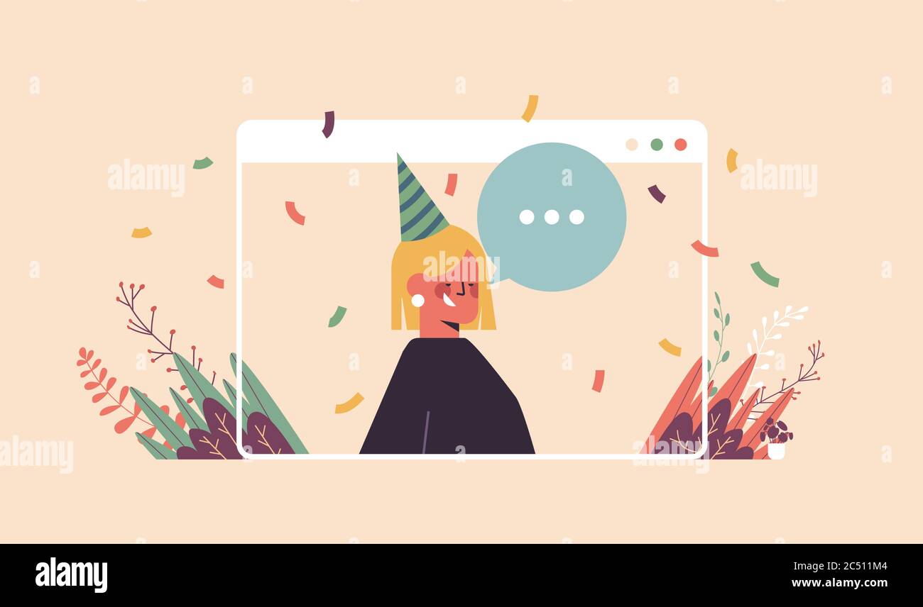 woman in funny festive hat celebrating online birthday party happy ...