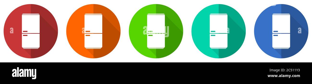 Fridge, refrigerator icon set, red, blue, green and orange flat design ...