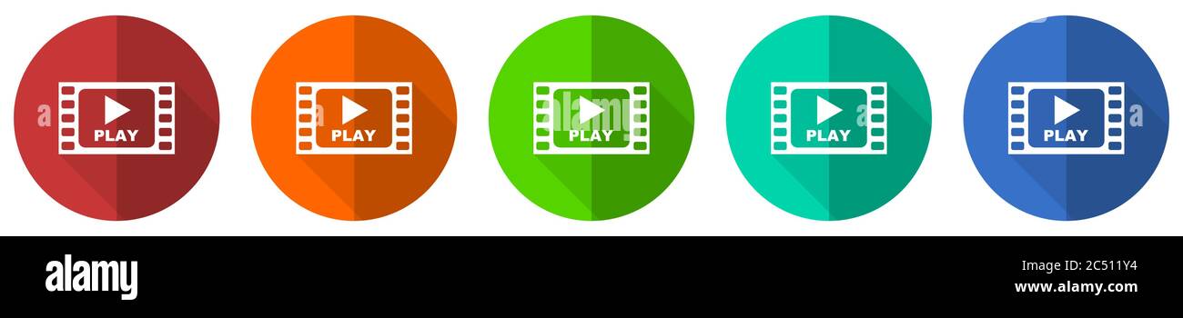 Video icon set, red, blue, green and orange flat design web buttons ...