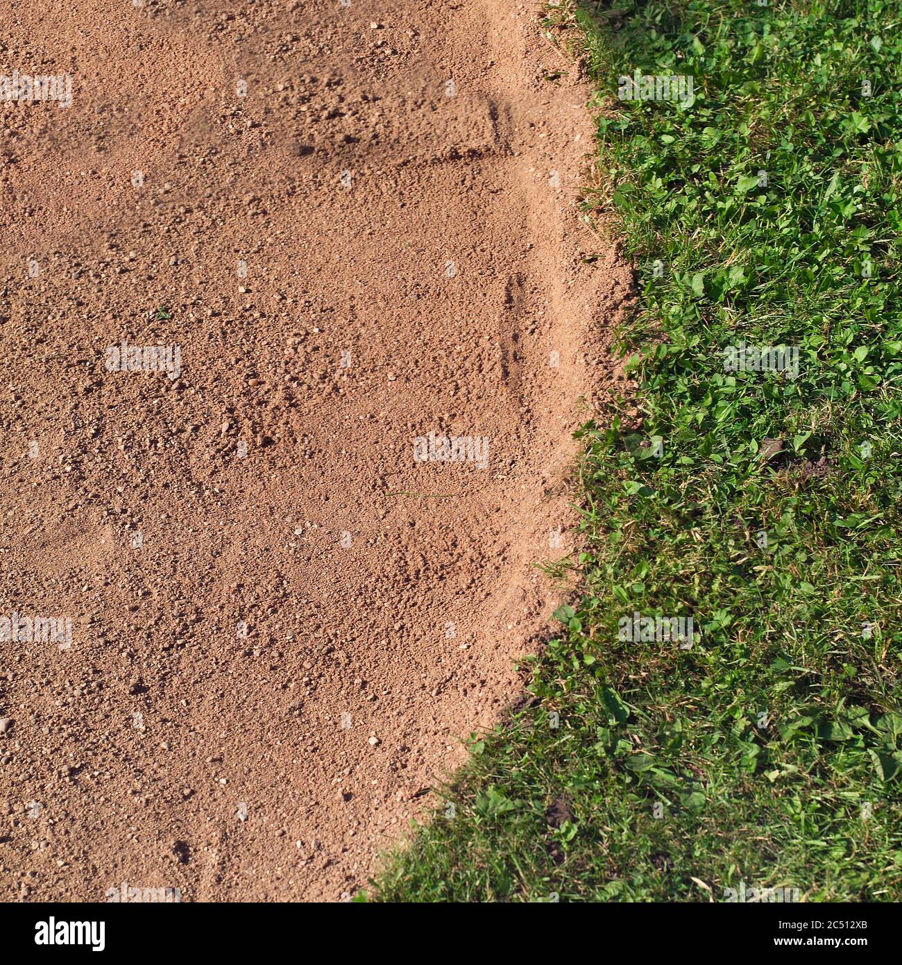 Cultivated land with a border between sand and grass, outdoor closeup ...