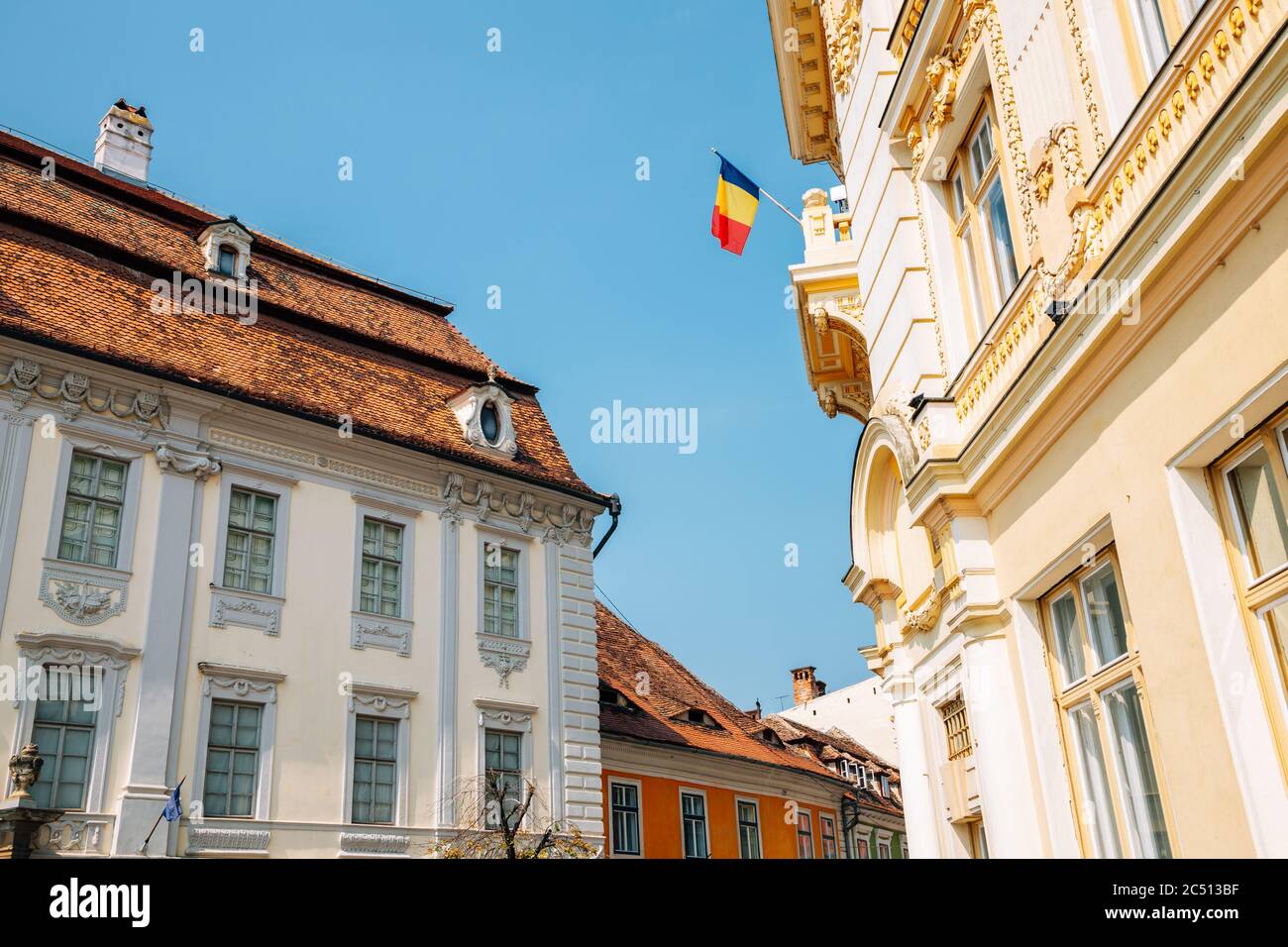 Piata Mare Large Square medieval buildings in Sibiu, Romania Stock ...