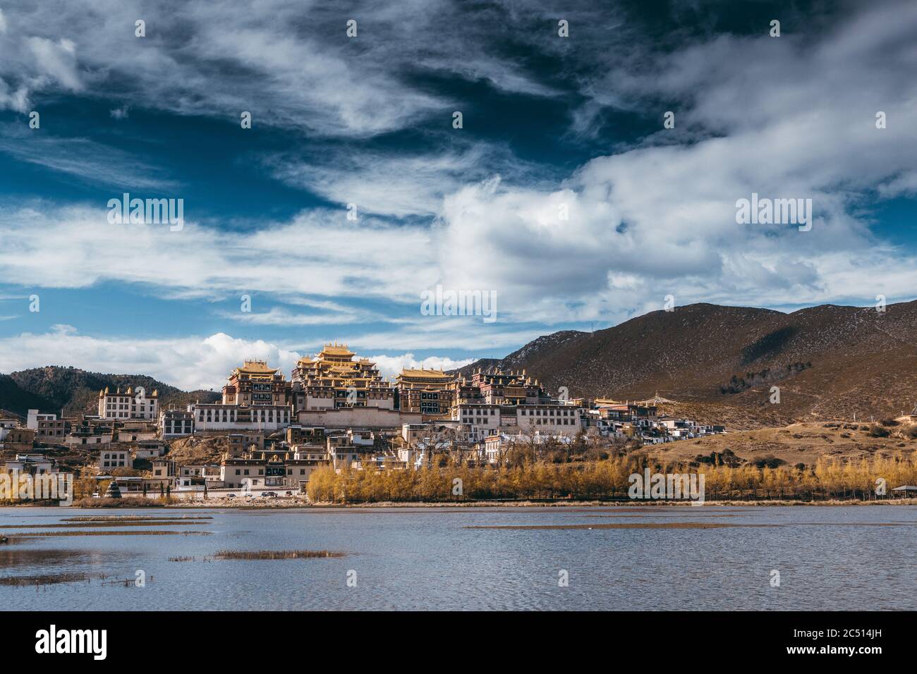 Panorama view of Ganden Sumtseling Monastery, a sacred Tibetan buddhism ...