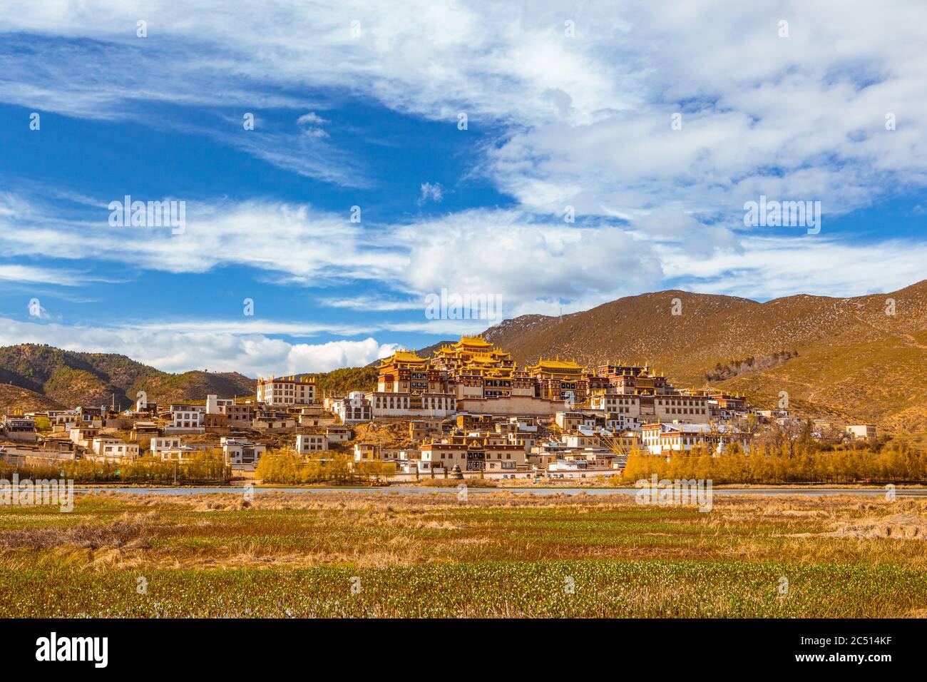Panorama view of Ganden Sumtseling Monastery, a sacred Tibetan buddhism ...