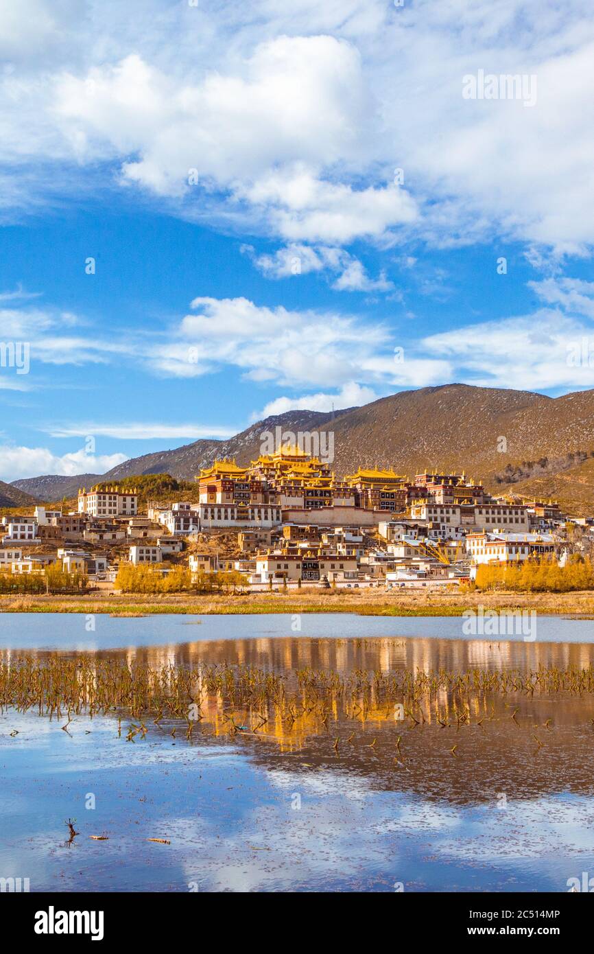 Panorama view of Ganden Sumtseling Monastery, a sacred Tibetan buddhism ...