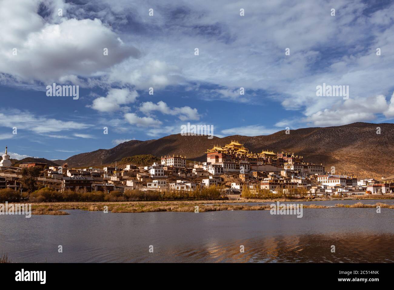 Panorama view of Ganden Sumtseling Monastery, a sacred Tibetan buddhism ...