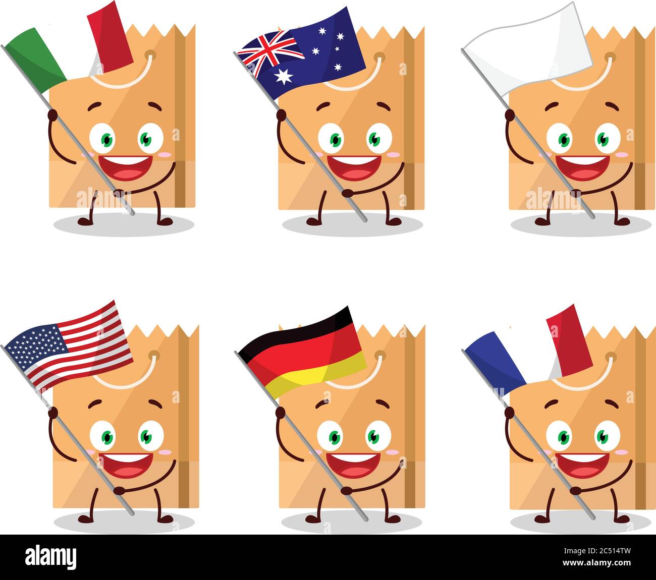 Grocery Bag Cartoon Character Bring The Flags Of Various Countries