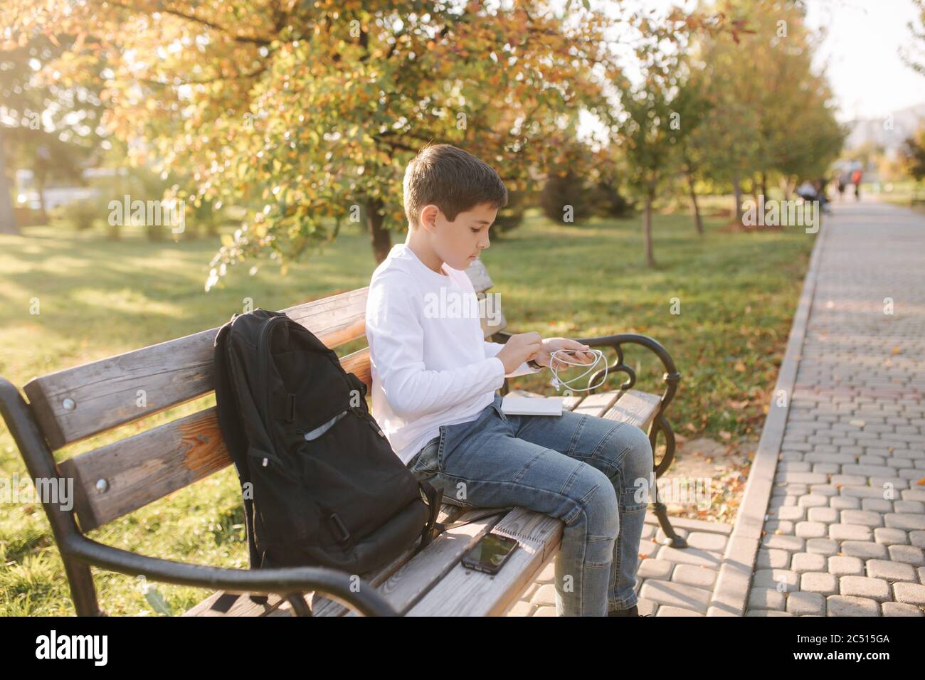 Handsome teenage boy take from his backpack powerbark for charging ...