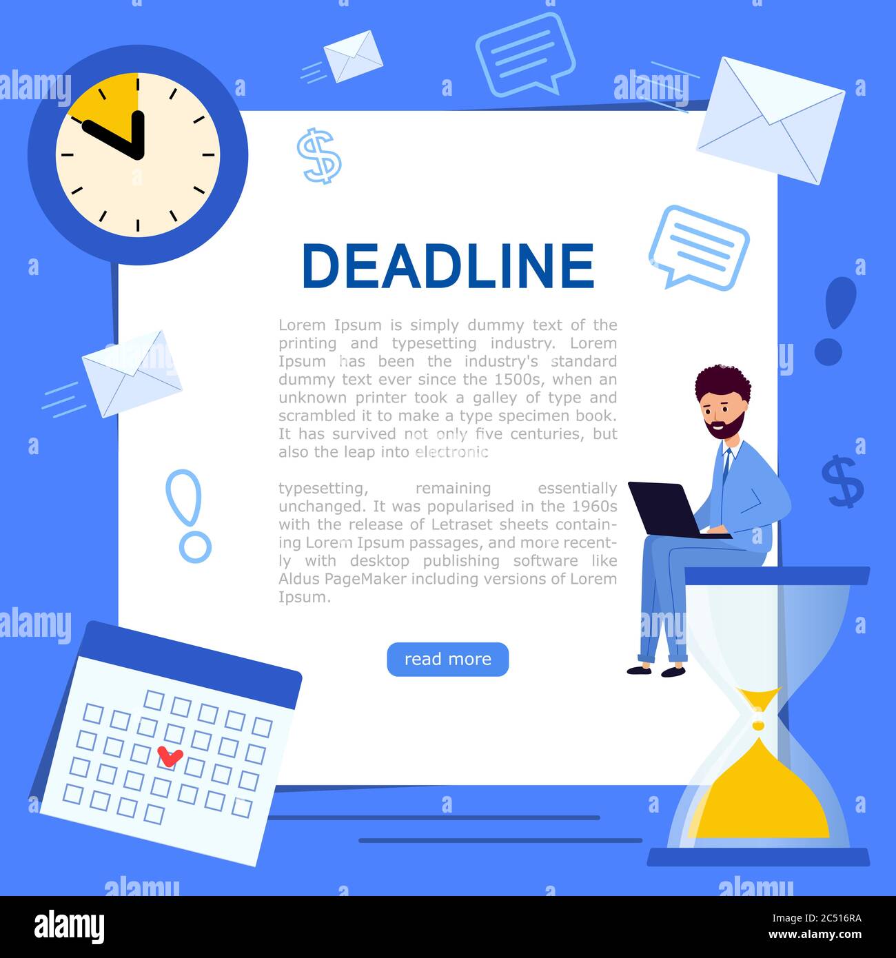 Banner Business process or deadline. Man sitting on hourglass with a ...