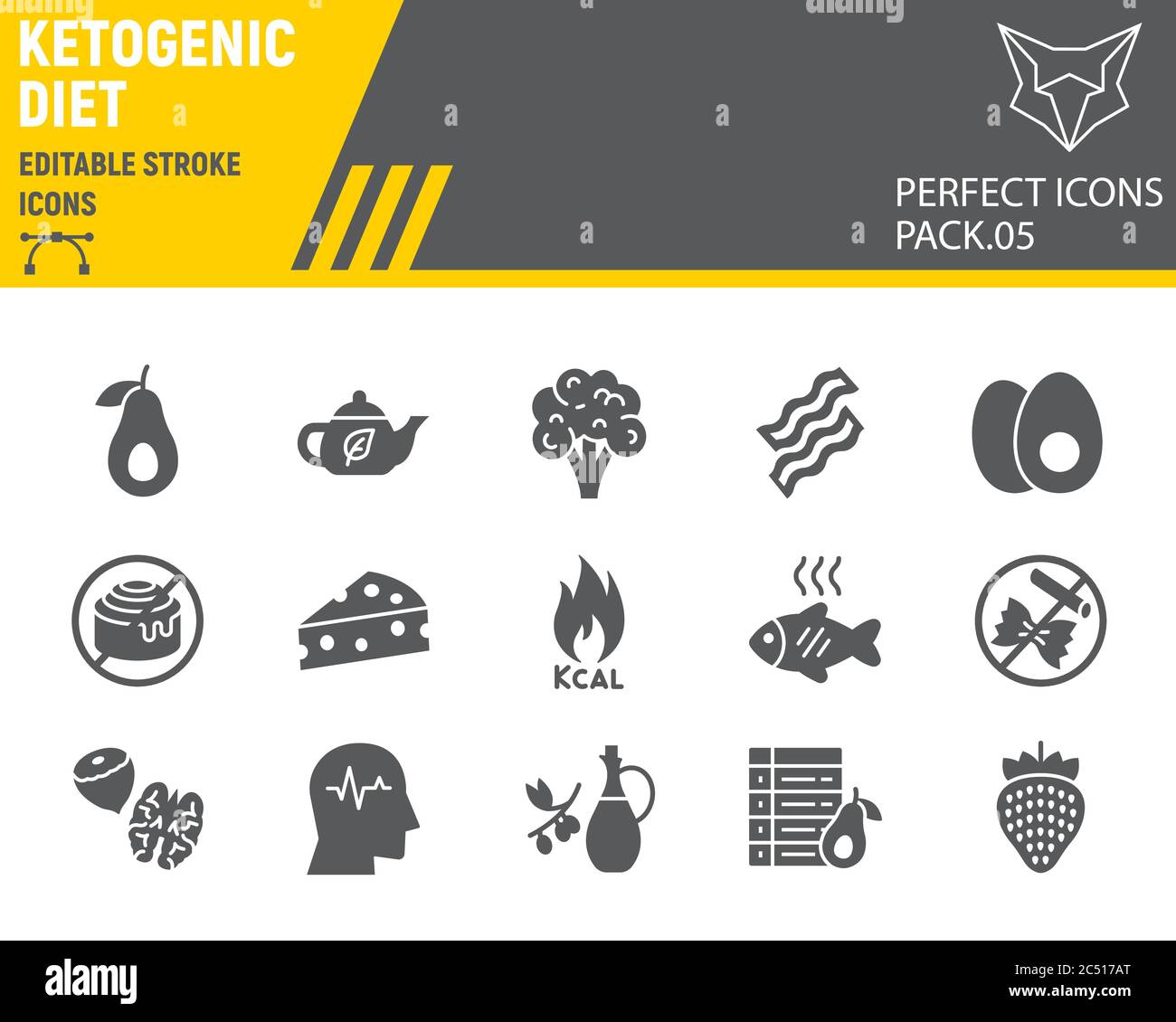 Keto diet glyph icon set, ketogenic symbols collection, vector sketches ...