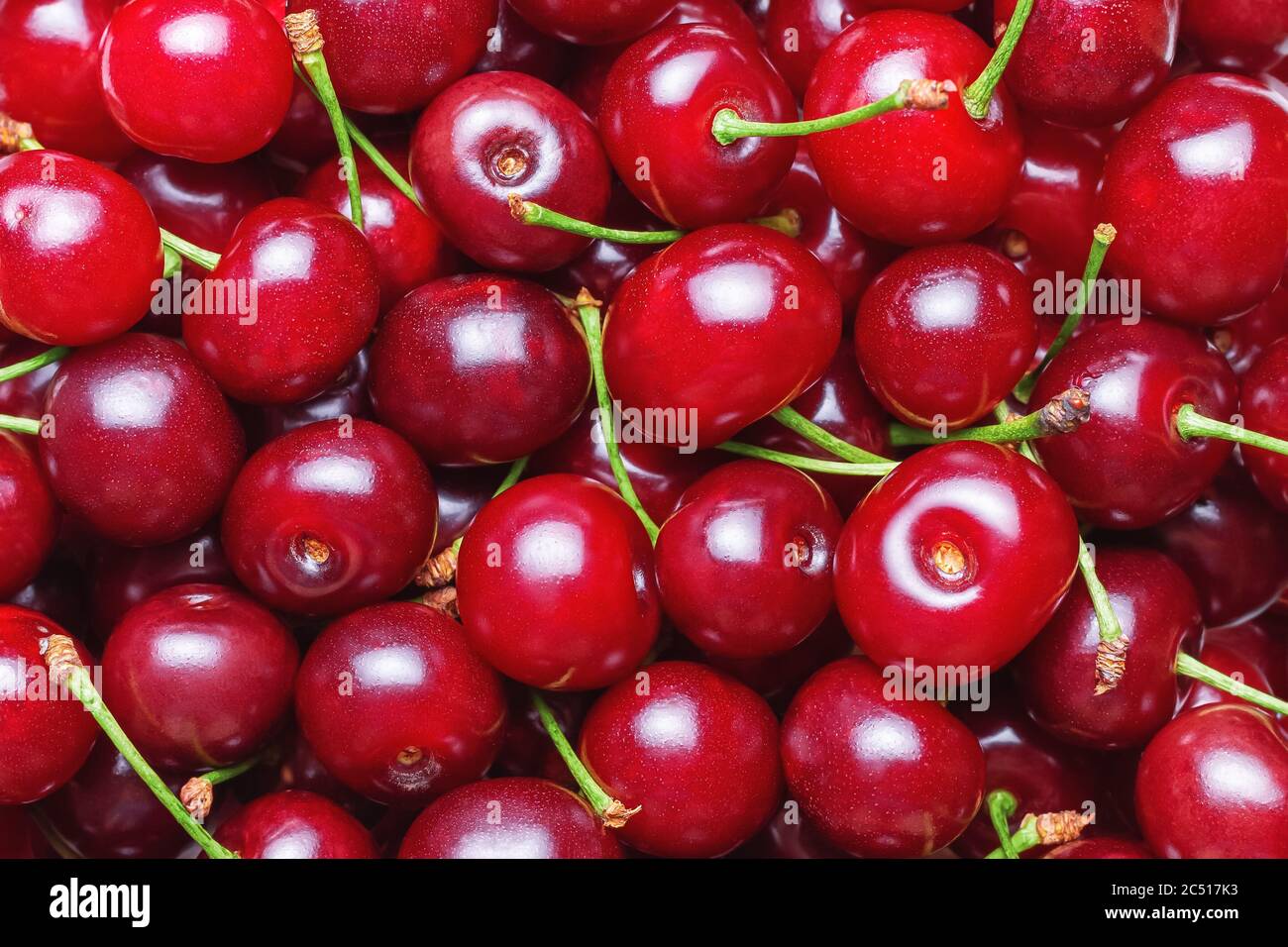 Top view of a ripe juicy sweet shiny cherry with green sprigs. Abstract ...